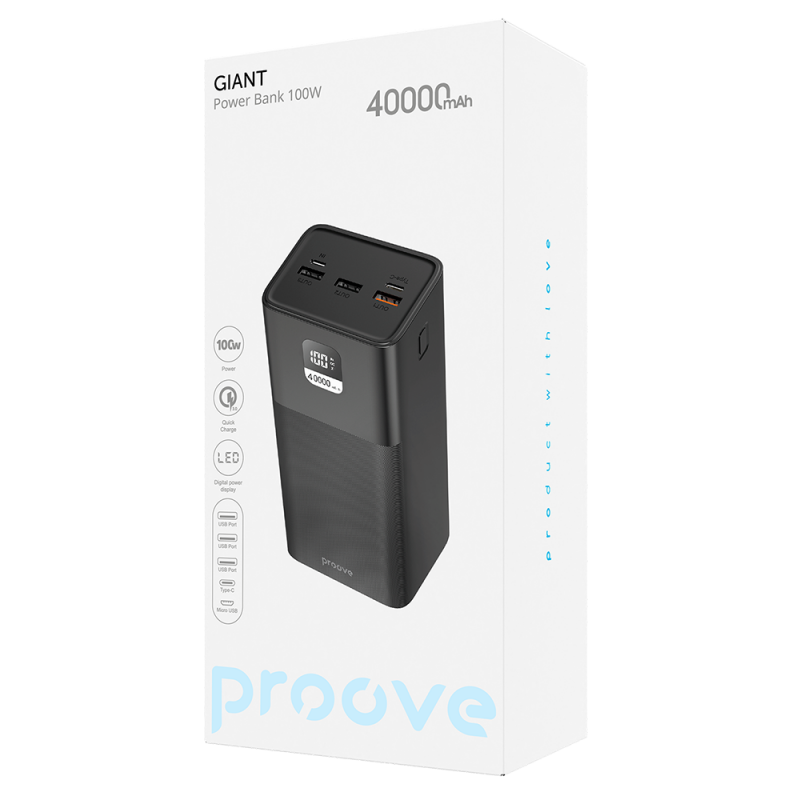 Baterie Externa Proove Giant, 40000mAh, 100W, QC + PD, 1 x USB-C - 3 x ...