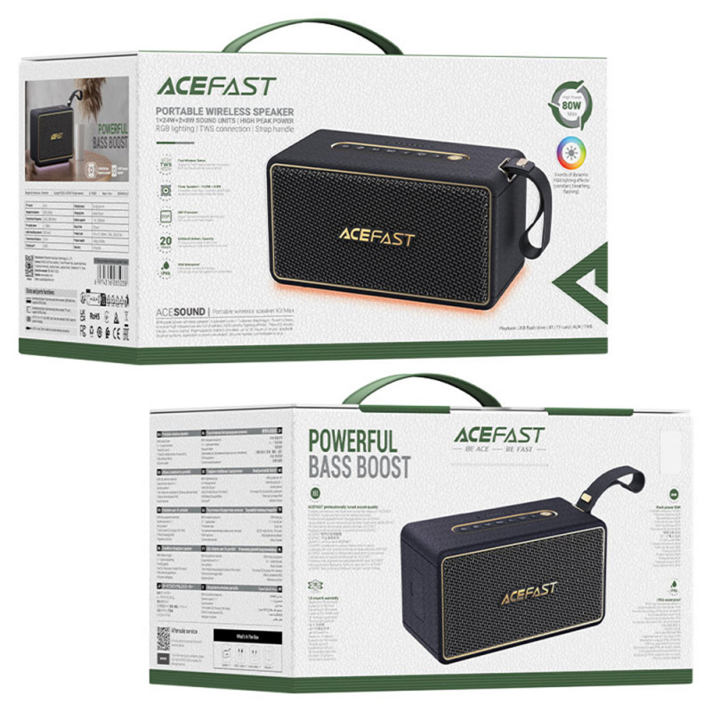 Boxa Portabila Bluetooth Acefast K3 Max, 80W, RGB, Waterproof, Neagra
