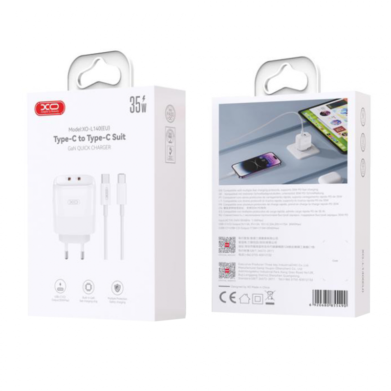 Incarcator Retea Cu Cablu USB-C XO Design L140, 35W, 3A, 2 x USB-C, Alb